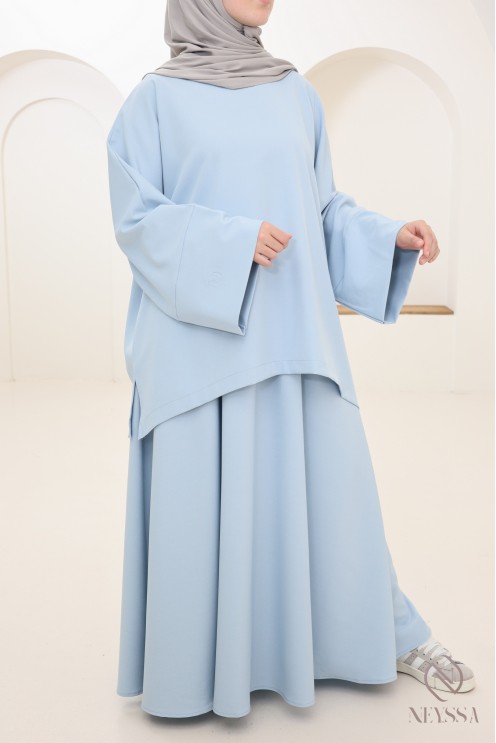 Ensemble Bleu Ciel 2 pièces avec tunique longue + jupe longue